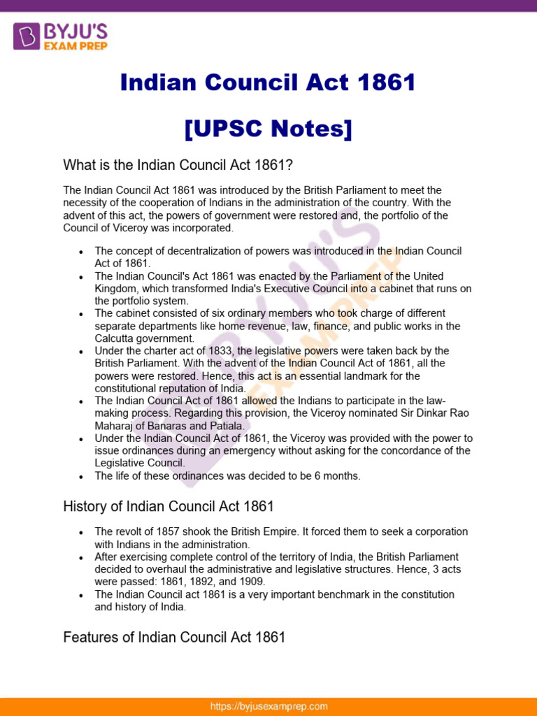 Indian Council Act 1861 Upsc Notes 88 | PDF | British Raj | Government