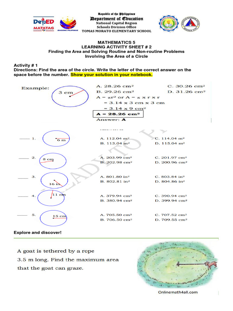 LAS 2 MATH Q4 W1 AREA OF A CIRCLE SOLVING ROUTINE AND NON ROUTINE | PDF