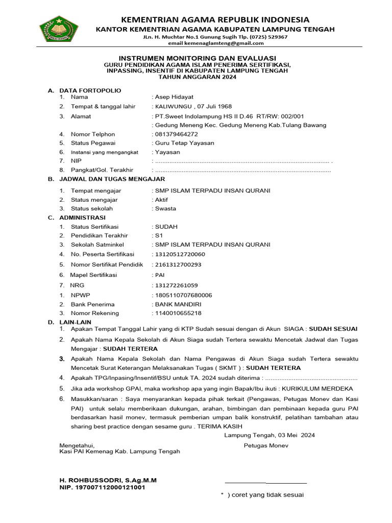 Instrumen Monev 2024 | PDF