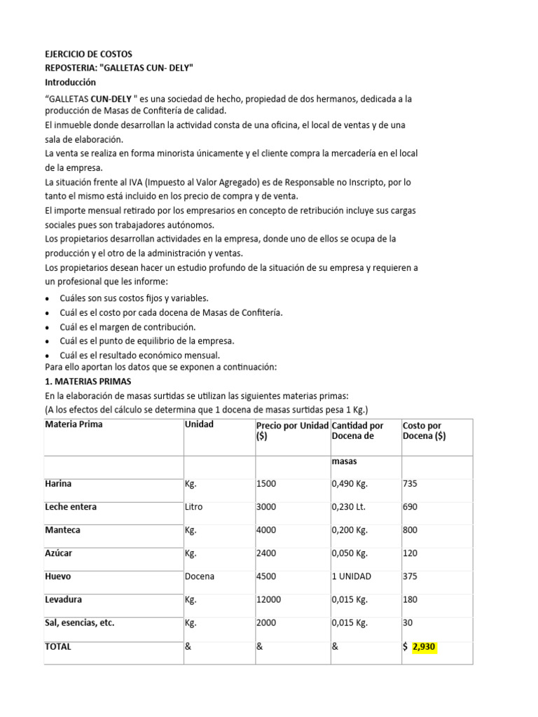 Ejercicio de Costos 4 Semana Costos Todo | PDF | Negocios económicos ...