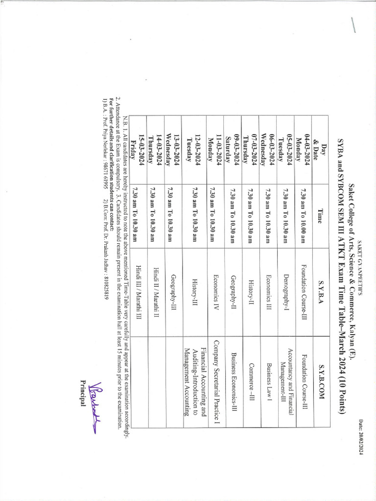 SY SEM III ATKT Exam Time Table March 2024 | PDF