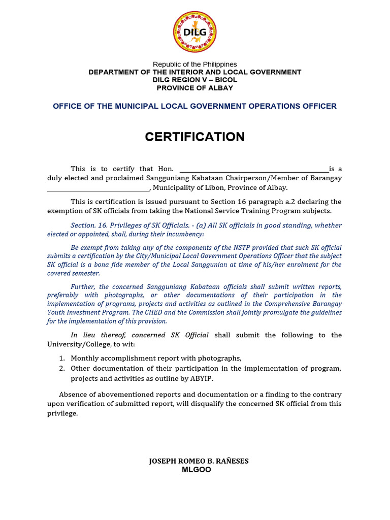 Certification For Exemption in NSTP Cwts - Compress | PDF