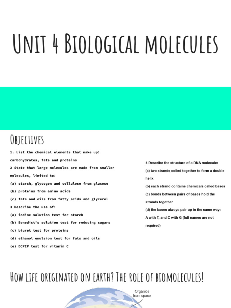 IGSE Unit 4 - Biological Molecules | PDF | Carbohydrates | Biomolecules