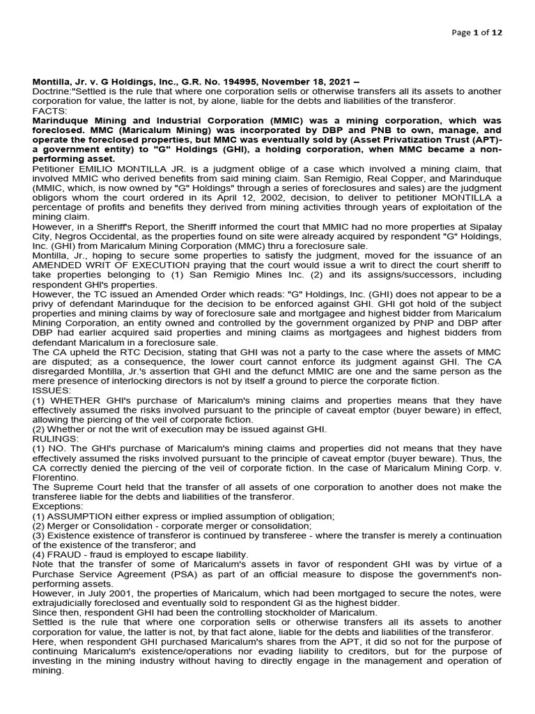 Case Digest 01 | PDF | Piercing The Corporate Veil | Legal Liability