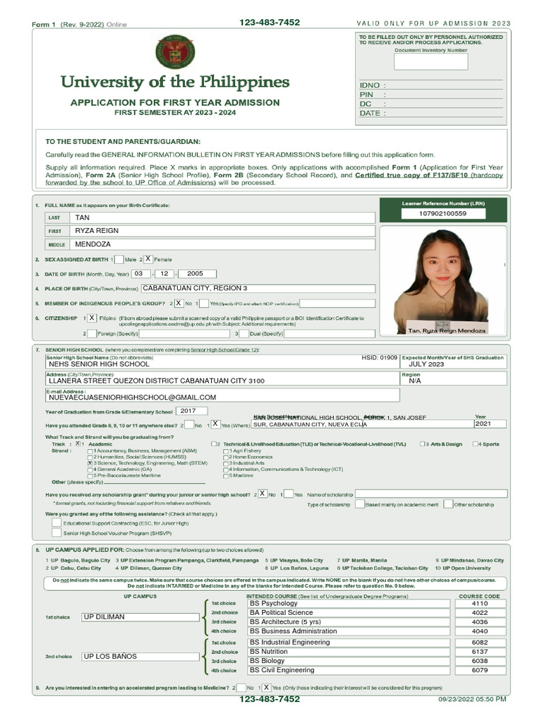 UP College Admissions 2023 FORM1 1234837452 | PDF