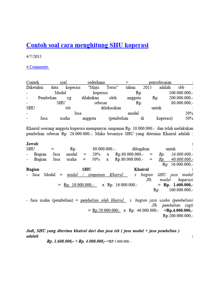 Contoh Soal Cara Menghitung SHU Koperasi | PDF Contoh Soal Cara Menghitung SHU Koperasi | PDF