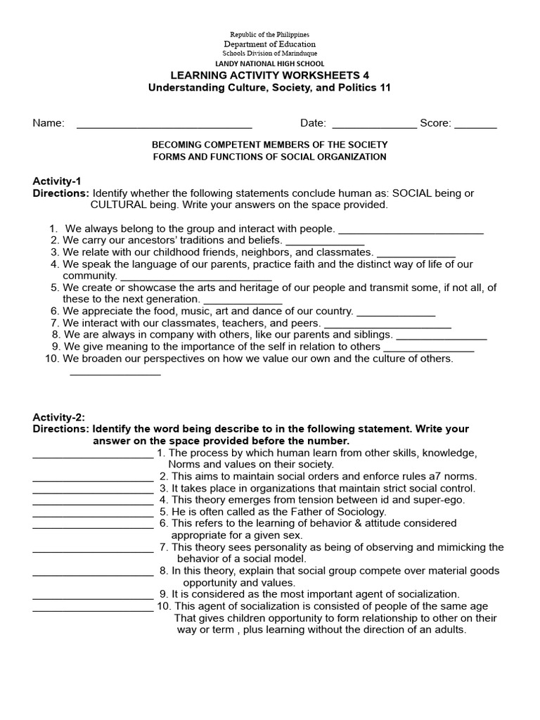 UCSP Activity Sheet | PDF | Socialization | Behavioural Sciences