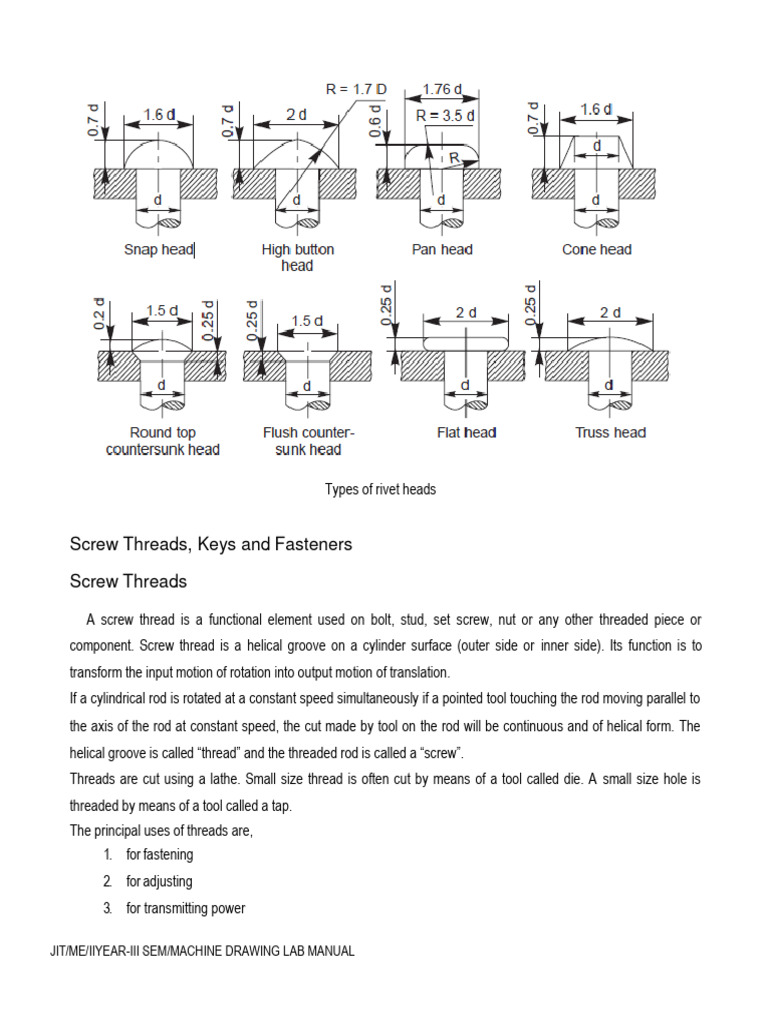Machine Drawing Lab Manual: Rivets & Threads | PDF