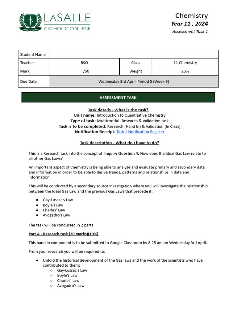 Year 11 Chemistry Task 1 2024 Notification | Download Free PDF | Gases ...