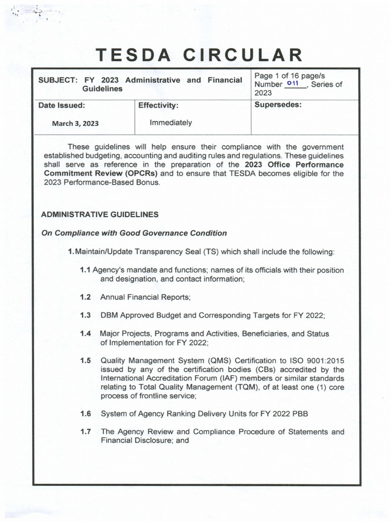 TESDA Circular No. 011-2023 | PDF | Regulatory Compliance | Quality ...