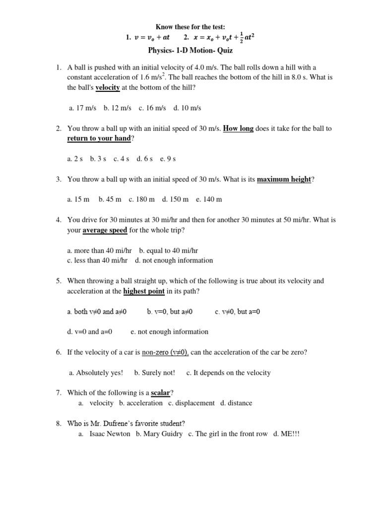 AP Physics Quiz 1D Motion | PDF | Velocity | Acceleration AP Physics Quiz 1D Motion | PDF | Velocity | Acceleration