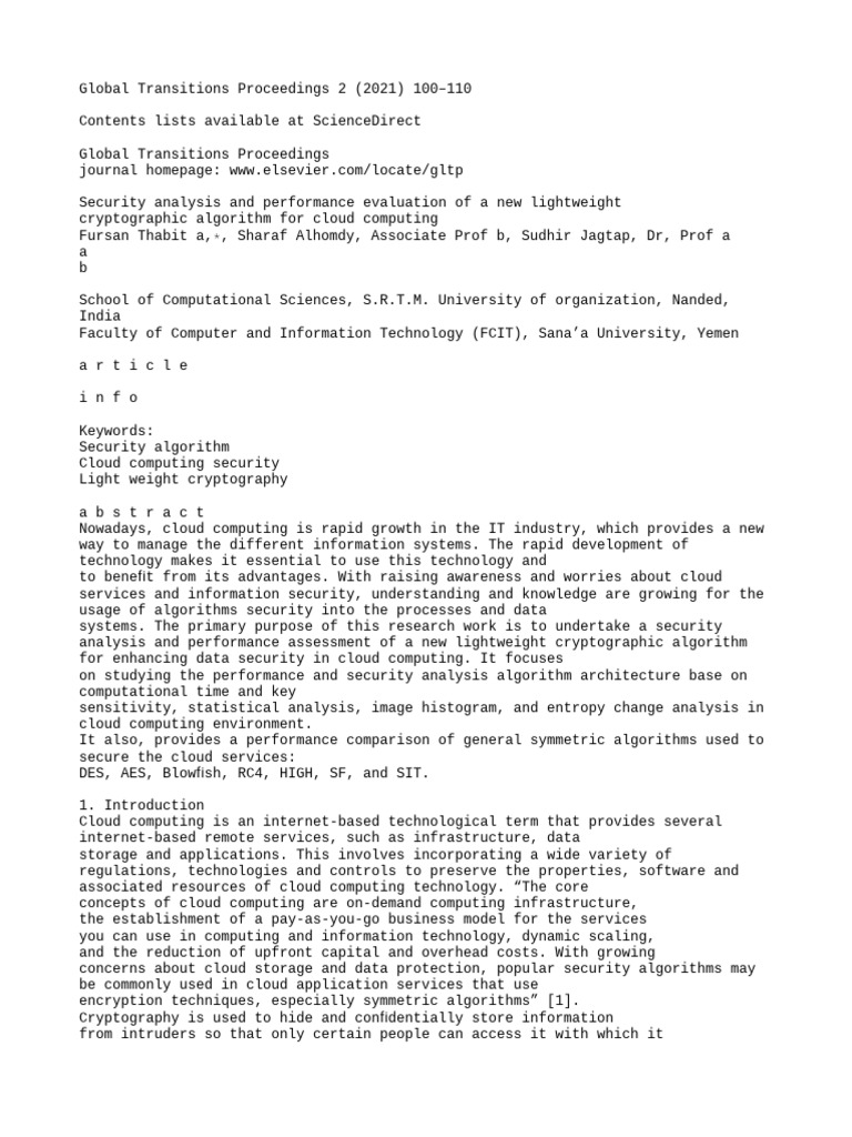Lightweight Cryptographic Algorithm for Cloud Security | PDF | Cryptography | Key (Cryptography)