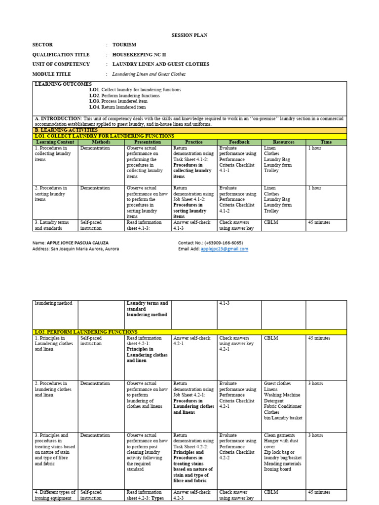 Session plan housekeeping | PDF | Laundry | Linens