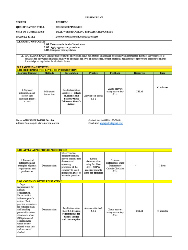 Session Plan Housekeeping | PDF | Alcohol Intoxication | Cognition