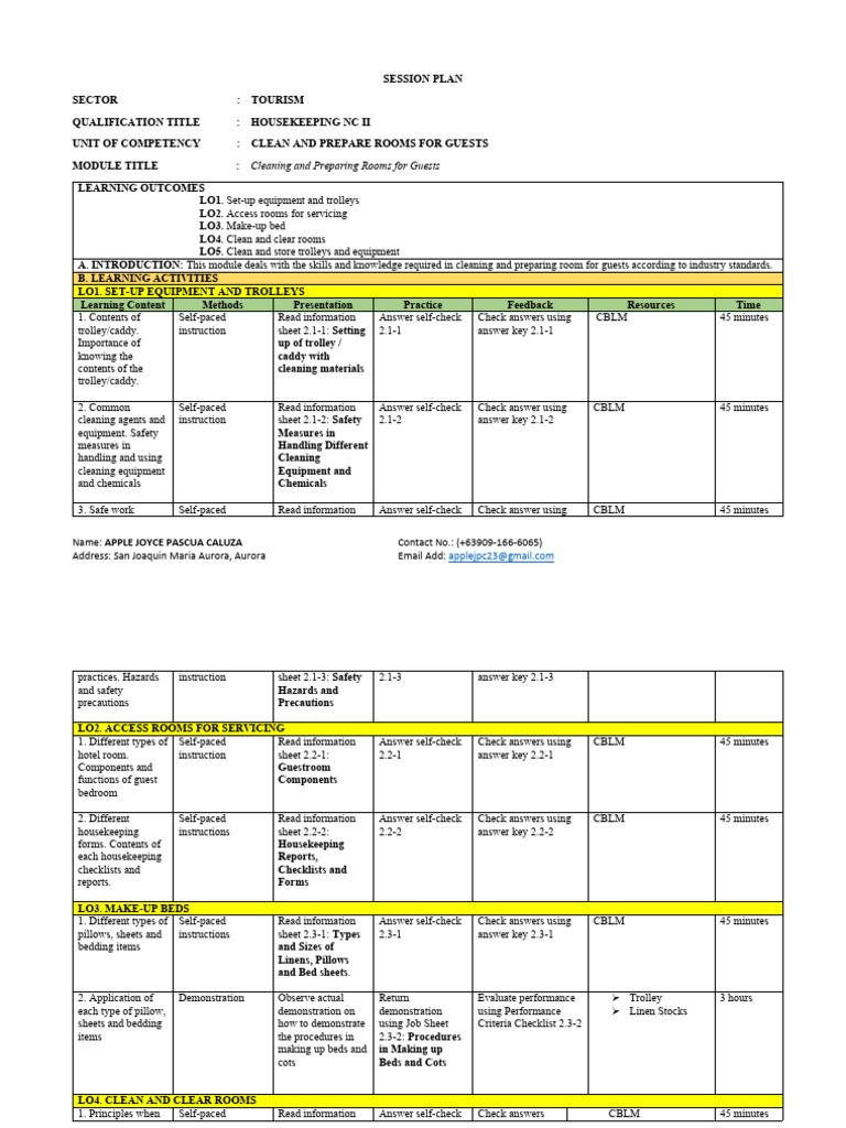 Housekeeping Training Session Plan | PDF