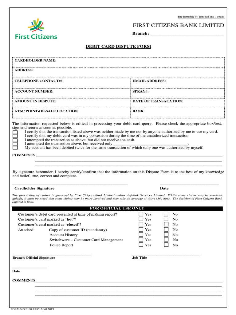 Debit Card Dispute Form 2 | PDF | Debit Card | Transaction Account