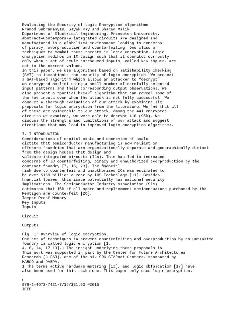 Evaluating The Security of Logic Encryption Algorithms | PDF | Logic Gate | Encryption
