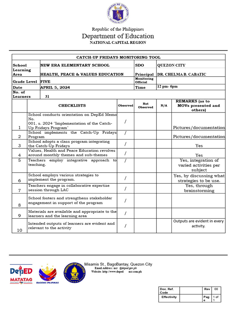 CUF - MONITORING-Tool-APRIL 5-MARFA | PDF | Learning | Teachers