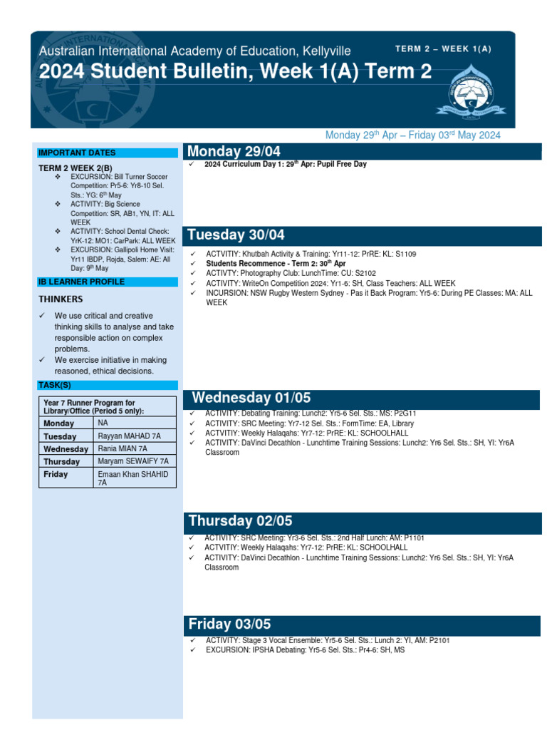 Student Bulletin Term 2 Week 1 A | PDF
