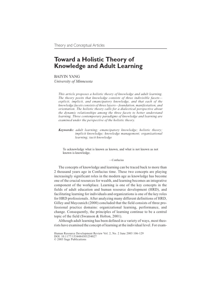 01 Yang 2003 HRDR Adult Learning | PDF | Knowledge | Tacit Knowledge