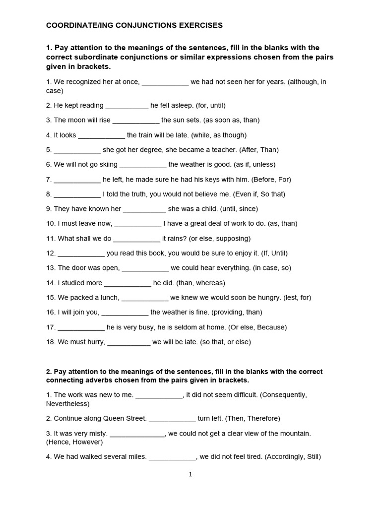 Conjunctions Exercises | PDF | Linguistics