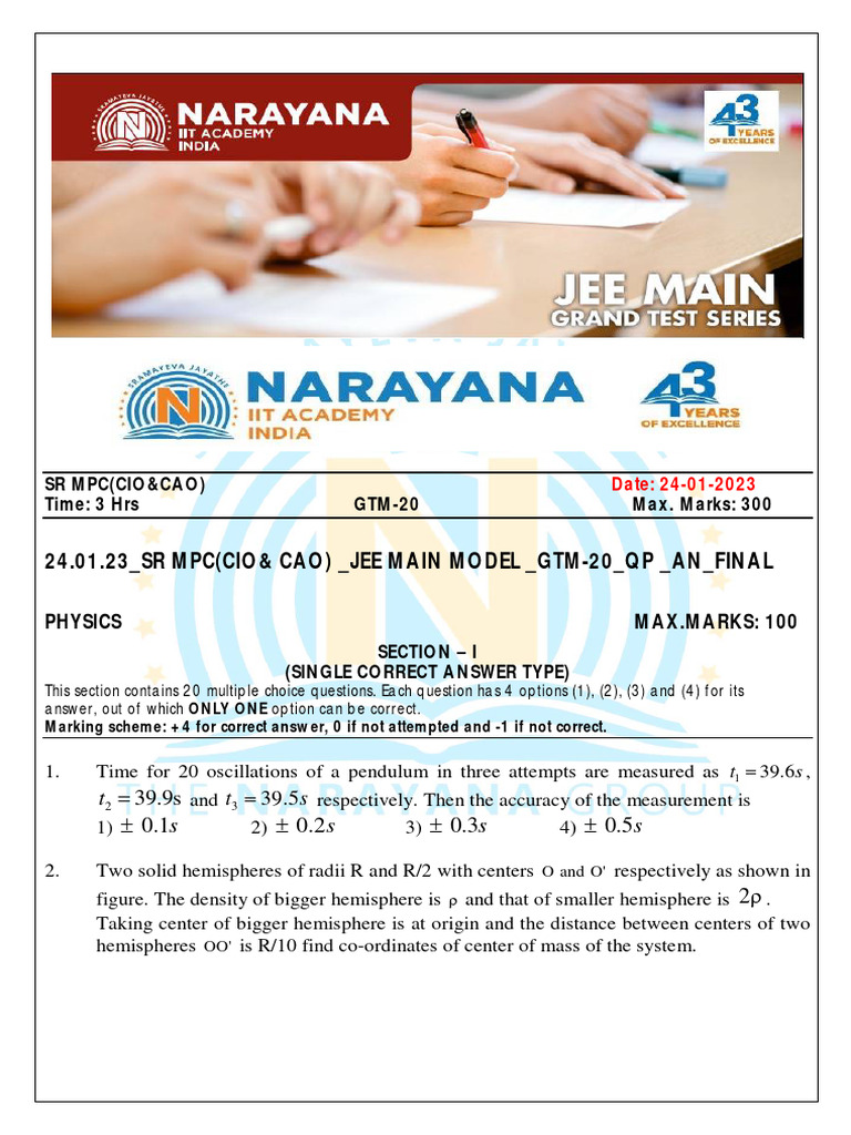 24.01.23 - SR MPC (Cio& Cao) - Jee Main Model - gtm-20 - QP - An - Final | PDF | Acceleration ...