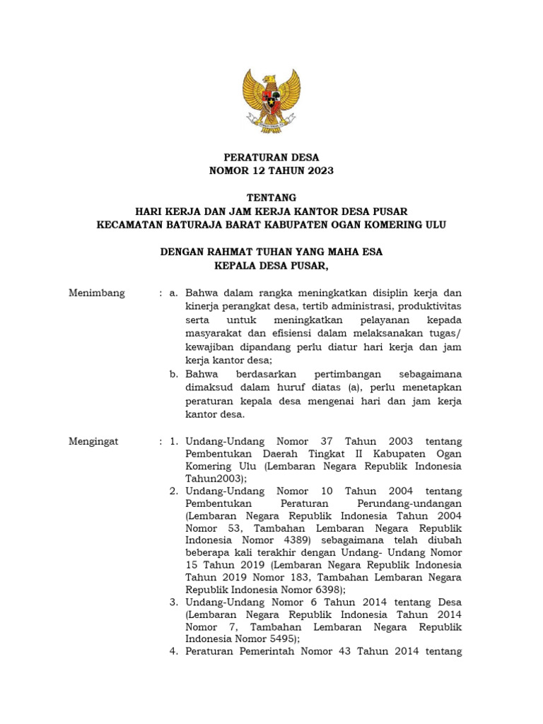 Peraturan Desa Jam Kerja Pemdes | PDF