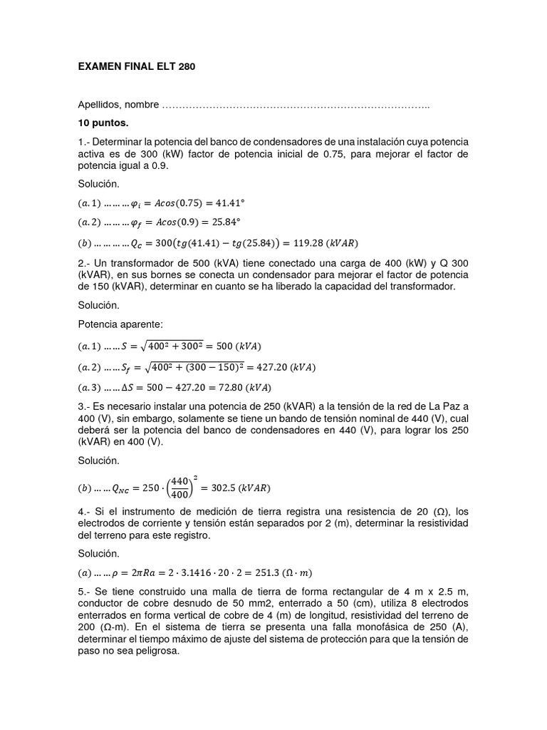 Examen Final Elt 280 - II - 2022 - Sol. | PDF | Resistencia Eléctrica y Conductancia | Metrología