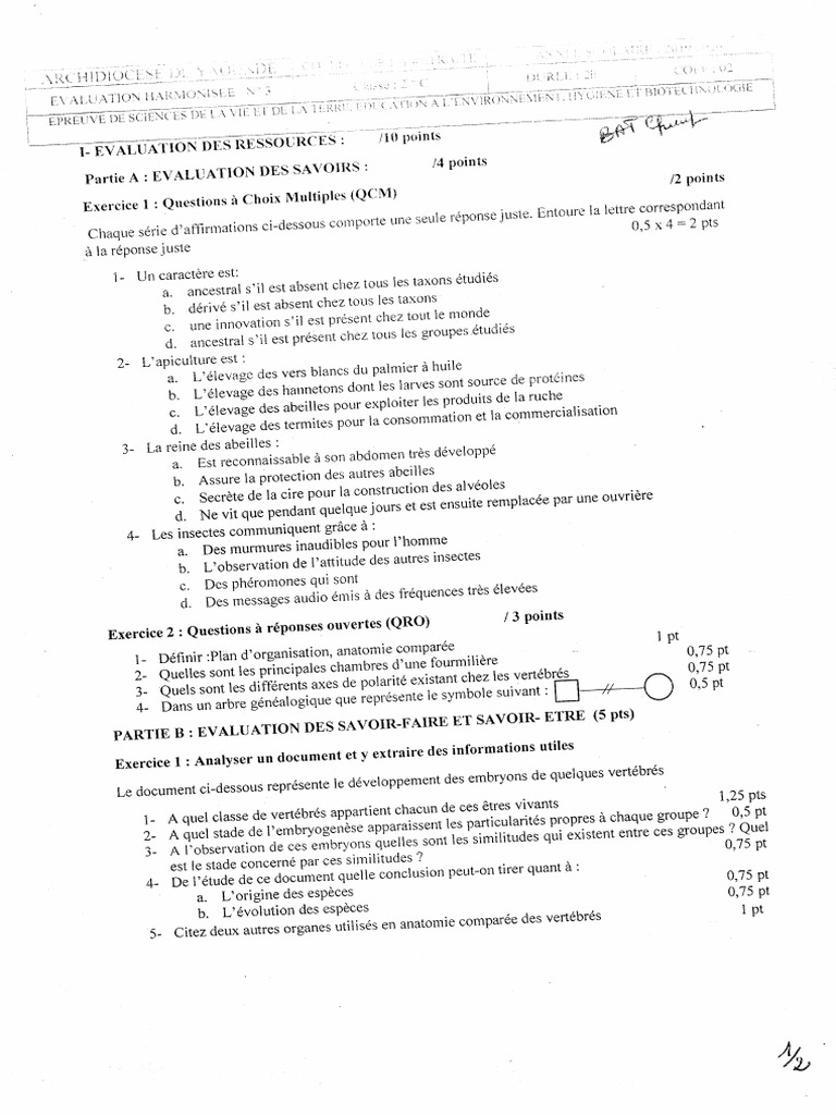 Svteehb - Seconde C - Évaluation Harmonisée N°3 Cameroun | PDF