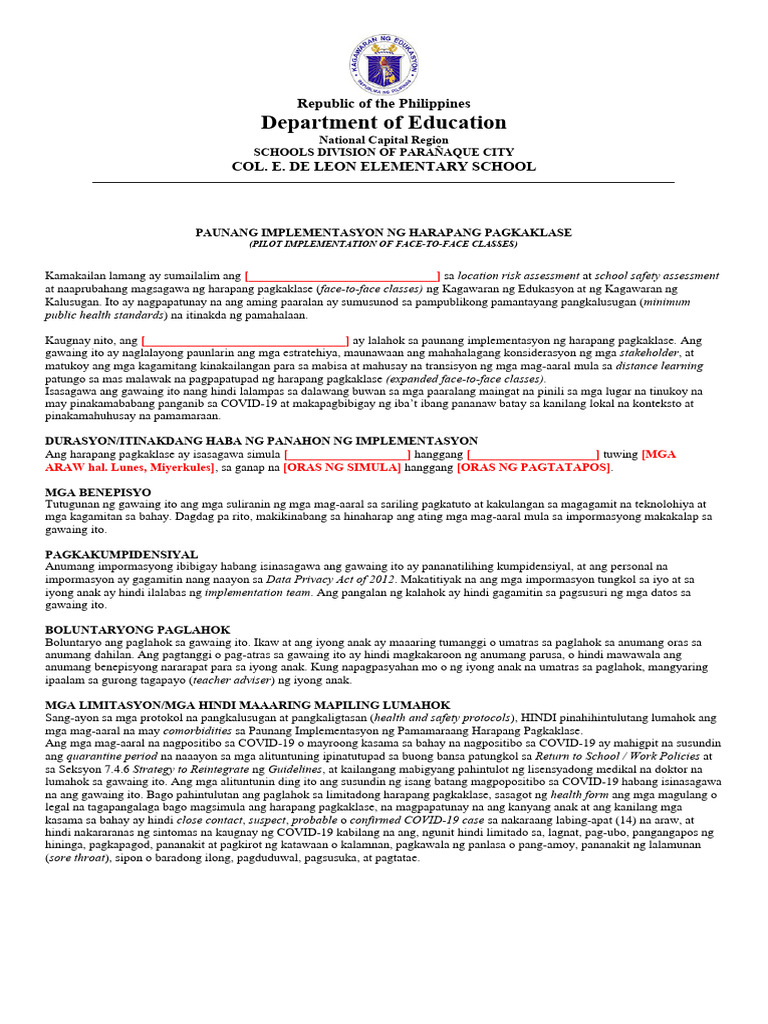 Limited Face To Face Classes Consent Form | PDF