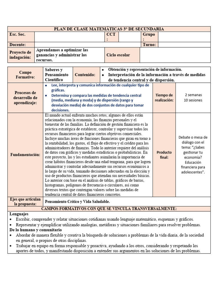 Plan de Clase Matemáticas 3 Piii | PDF | Crecimiento personal y ...