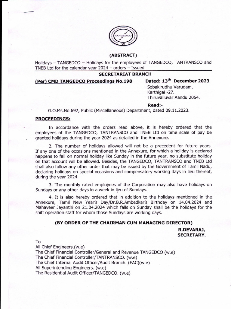 Holidays For TANGEDCO | PDF