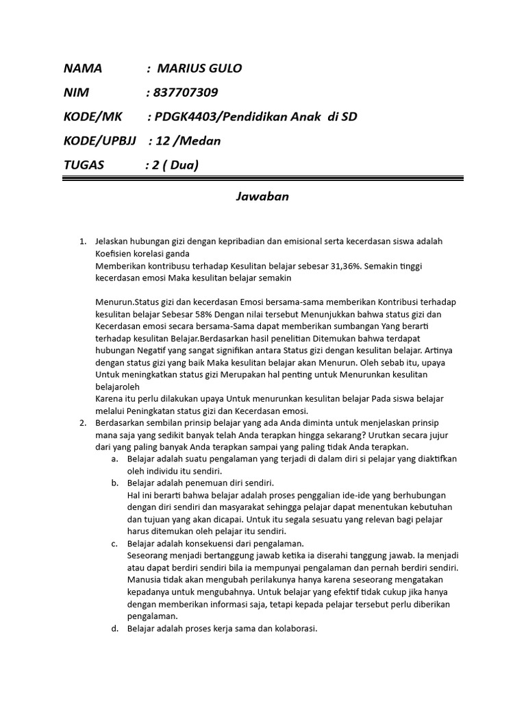 Tugas 2 Pendidikan Anak Di SD | PDF | Karier & Perkembangan