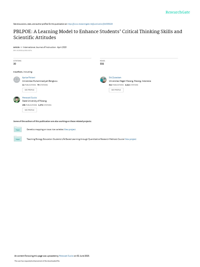 PBLPOE - A Learning Model To Enhance Students' Critical Thinking Skills ...