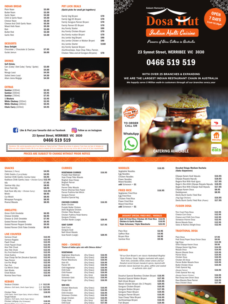 Dosa Hut A4 Take Away Menu Werribee | PDF | Indian Cuisine | Western ...