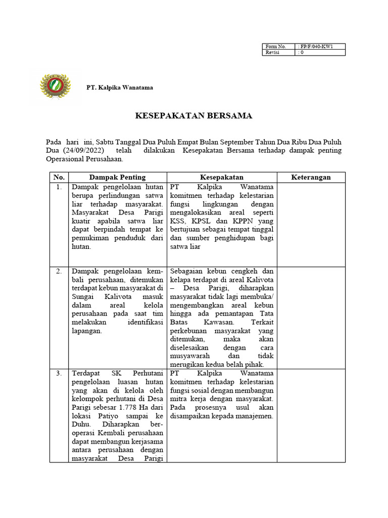 FP-Form-040 Kesepakatan Bersama - Parigi | PDF