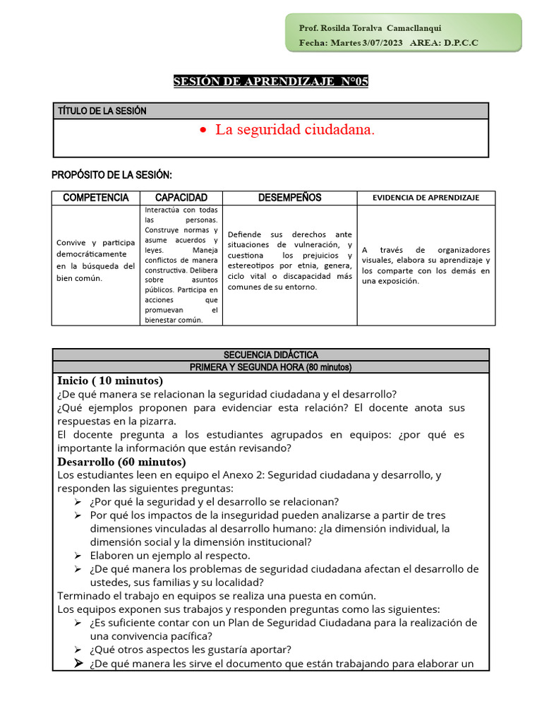 Dpcc. Sesion de Aprendizaje 4 Julio | PDF | Aprendizaje | Maestros