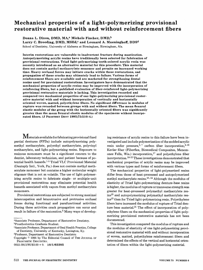 Dixon1995 Mechanical Properties of A Light-Polymerizing Provisional Restorative Material With ...
