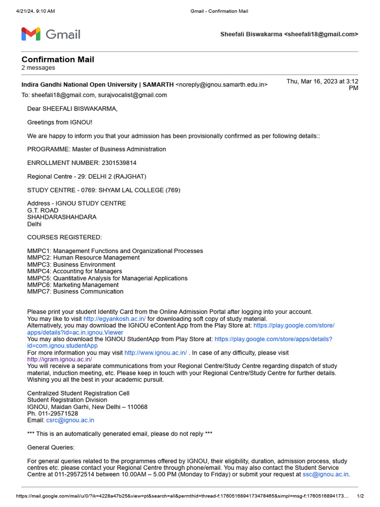 IGNOU Admission Confirmation Details | PDF | Gmail | Google Play