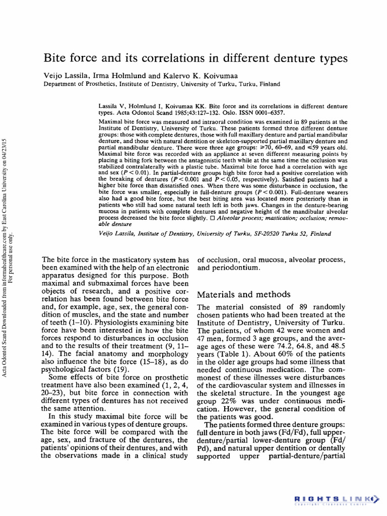 Lassila1985 Bite Force and Its Correlations in Different Denture Types ...