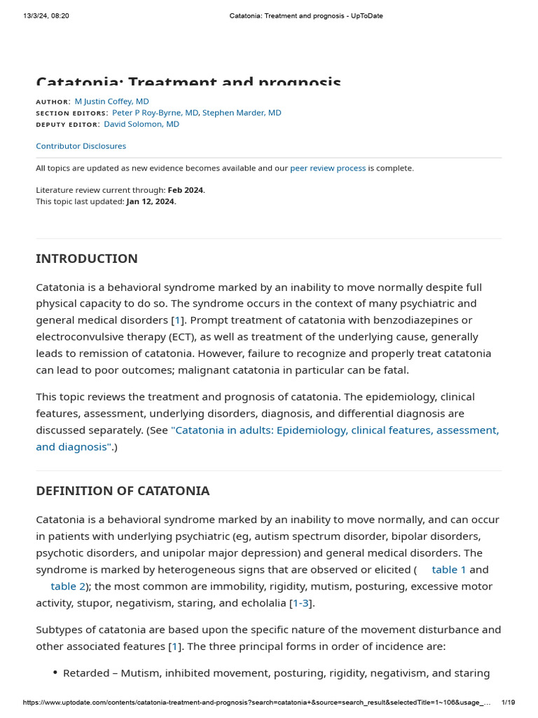 Catatonia - Treatment and Prognosis - UpToDate | PDF | Electroconvulsive Therapy | Antipsychotic