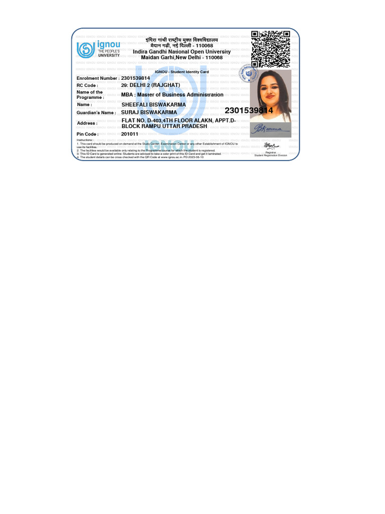 IGNOU MBA Student ID Card | PDF