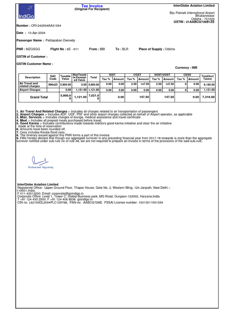 Indigo GST Invoice for Flight 6E-611 | PDF | Airport | Taxation