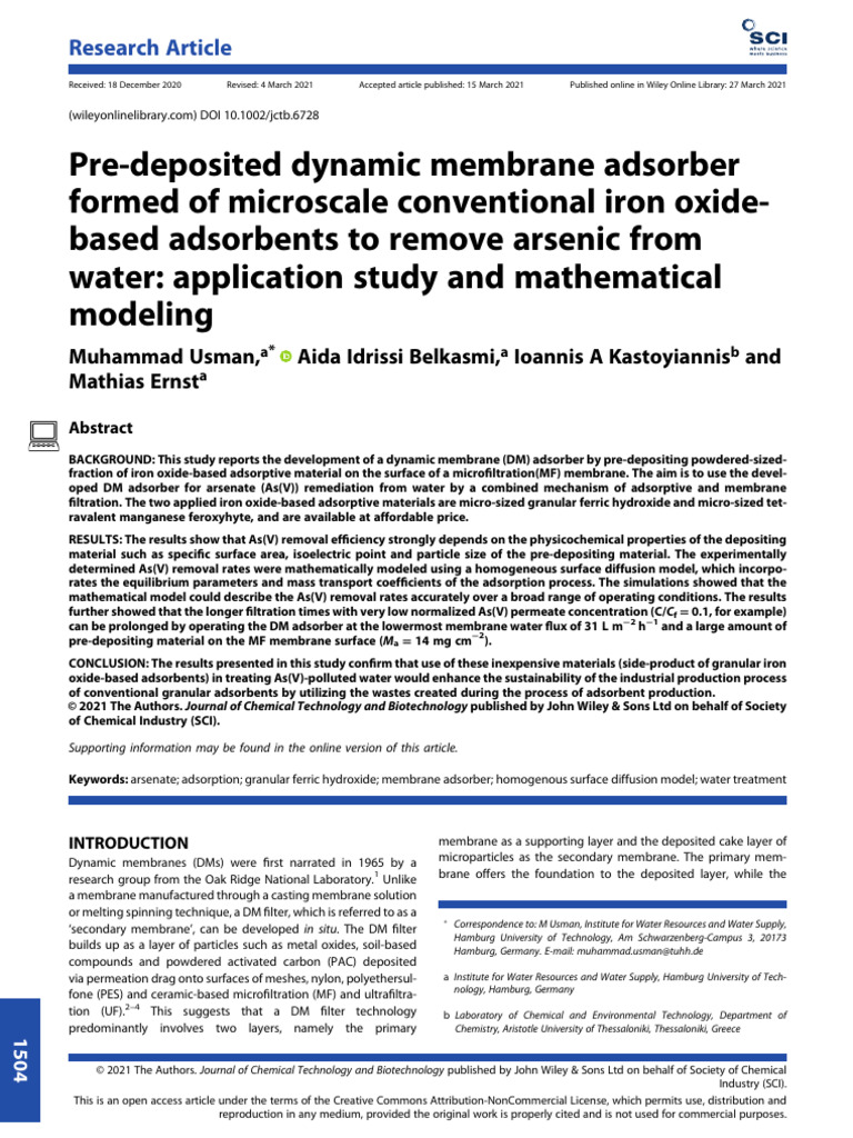 J of Chemical Tech Biotech - 2021 - Usman - Pre Deposited Dynamic Membrane Adsorber Formed of ...