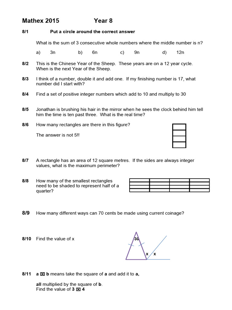 Mathex Year 8 2015 Final | PDF | Area | Number Theory