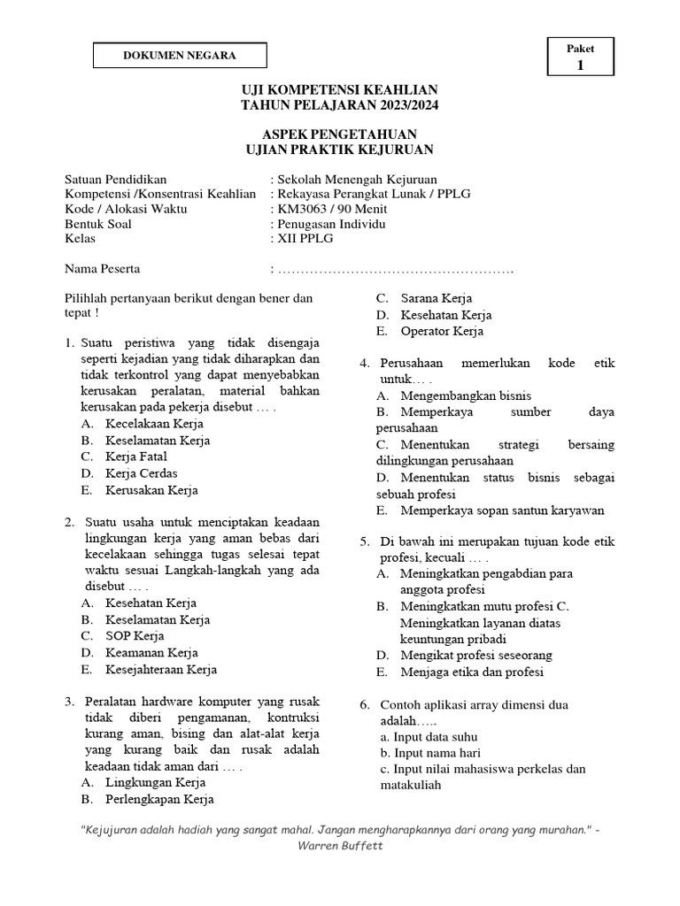 Ukk Aspek Pengetahuan RPL 2024 Paket 3 | PDF | Komputer