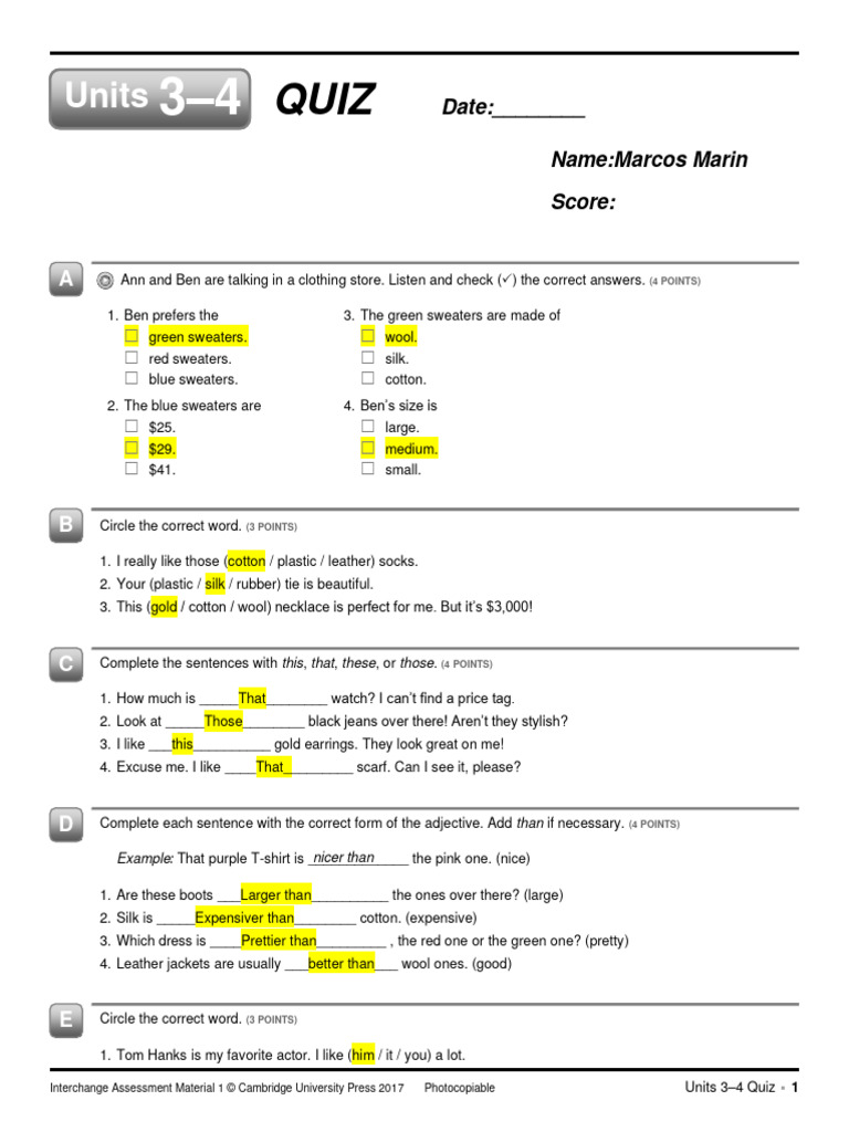 SECOND PARTIAL TEST UNITS 3-4 INTERCHANGE | PDF | Fashion | Clothing