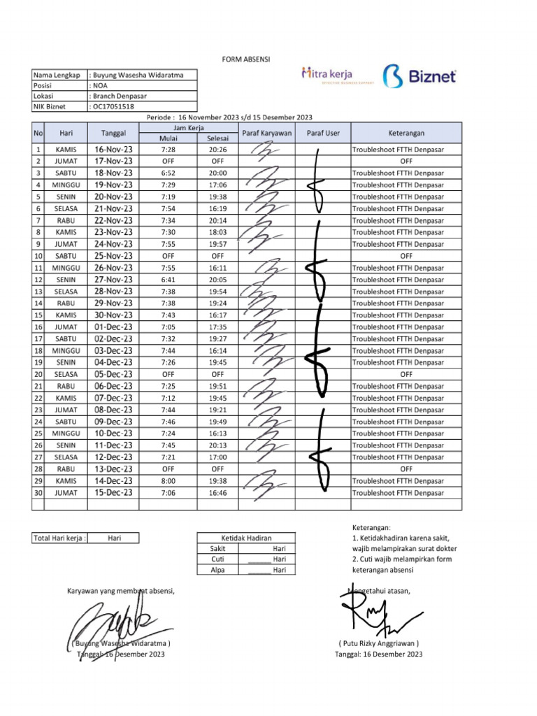 Form Absen Buyung Nov - Des 2023 | PDF