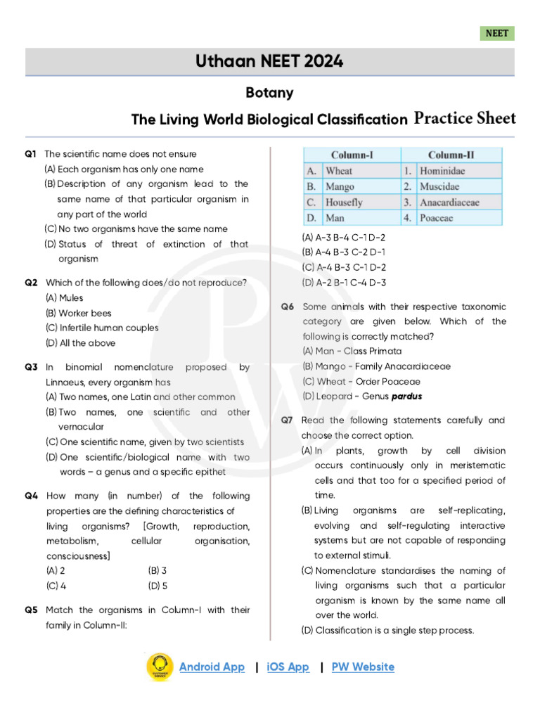 The Living World + Biological Classification - Practice Sheet - Uthaan ...