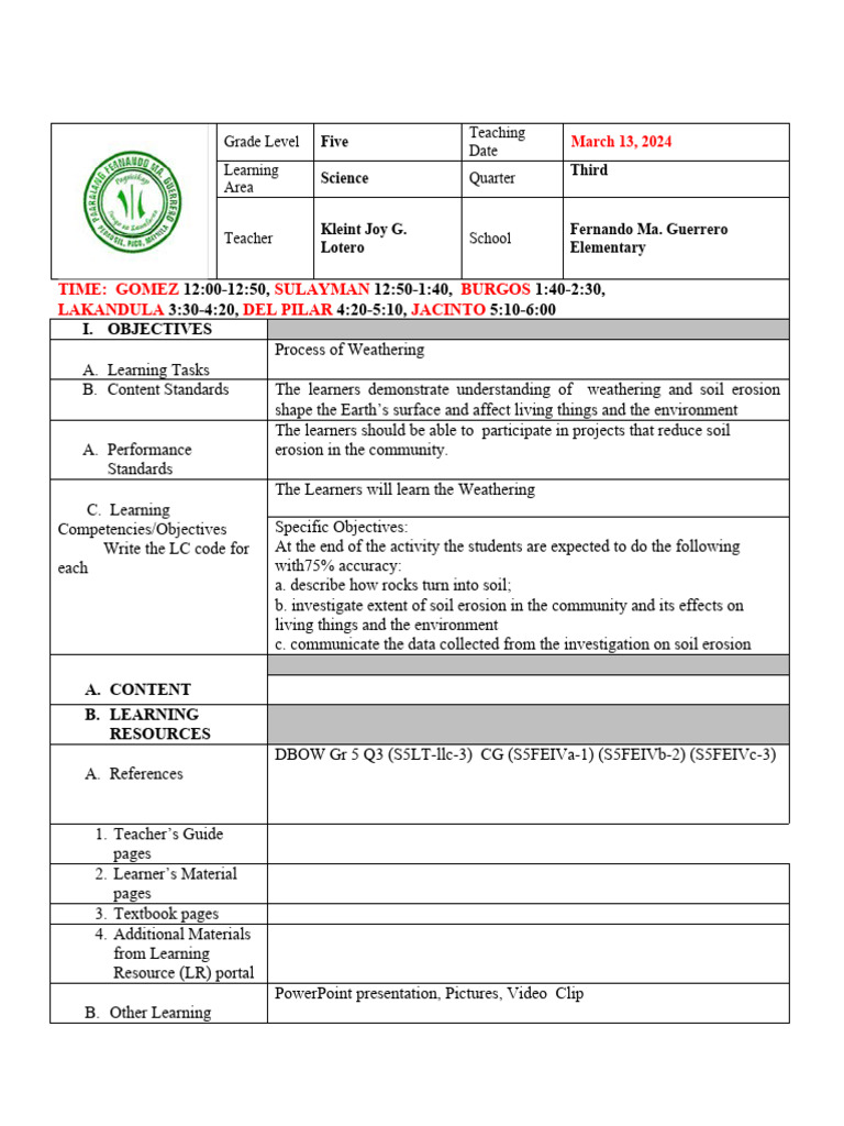 Grade 5 Science Lesson Plan Process of Weathering (1) | PDF ...